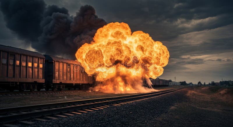 Dramatic Train Explosion on Remote Railway Track at Dusk. Stock Image ...