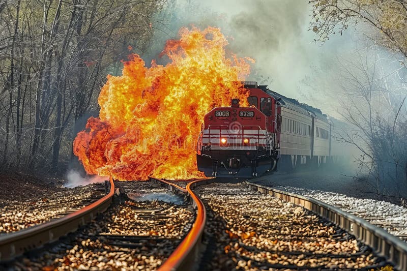 Dramatic Train Fire Amidst Trees with Smoke and Flames on Railway ...