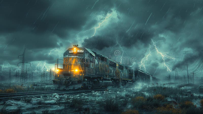 Dramatic Train in Thunderstorm - Generative Ai Stock Illustration ...