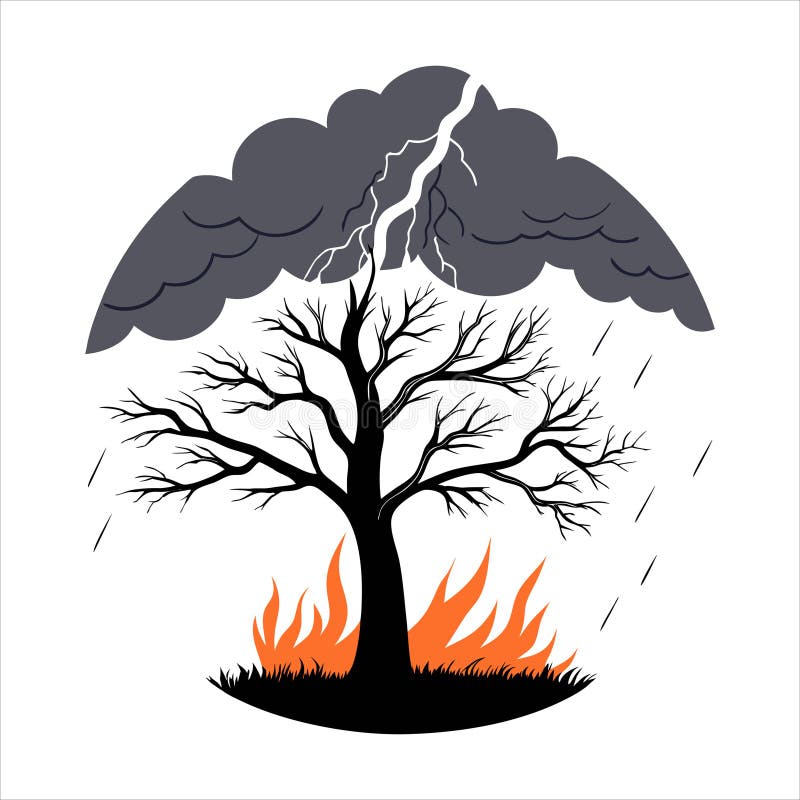 Dramatic Tree Split by Lightning with Flames and a Striking Bolt ...