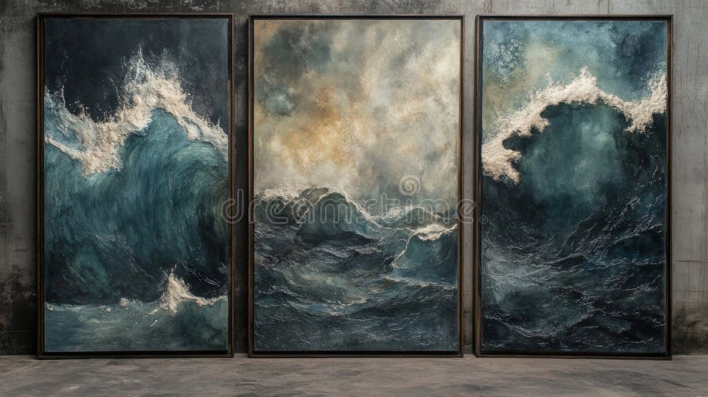 Dramatic Triptych of Ocean Waves in Textured Hues Stock Illustration ...