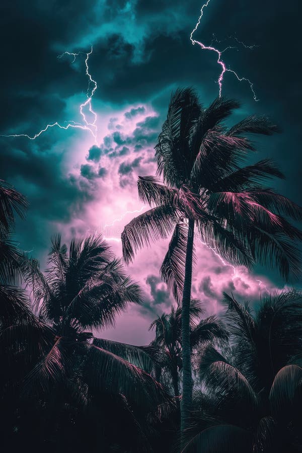 Dramatic Tropical Storm with Lightning and Palm Trees Under a Dark Sky ...