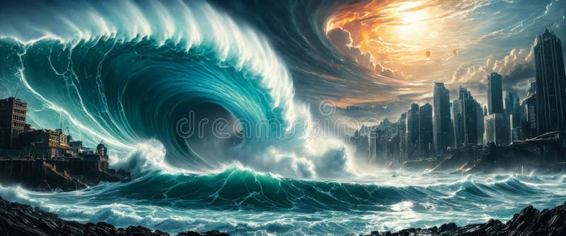 Dramatic Tsunami Wave Approaching Modern City Stock Image - Image of ...