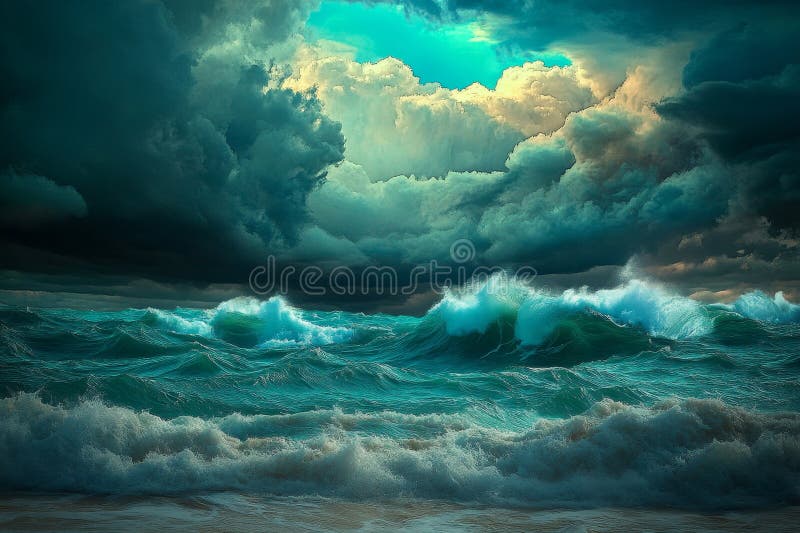 Dramatic Turquoise and Dark Clouds Swirl Above a Turbulent Ocean As ...