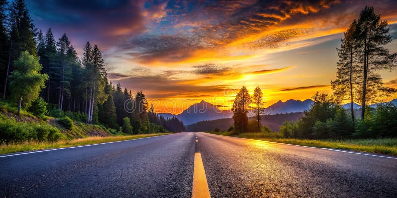 A Dramatic Twilight Silhouette Empty Asphalt Road Winding through a ...