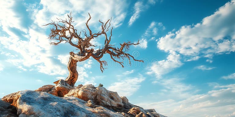 Dramatic Twisted Tree Landscape Vibrant Sky Rocky Terrain Stock ...