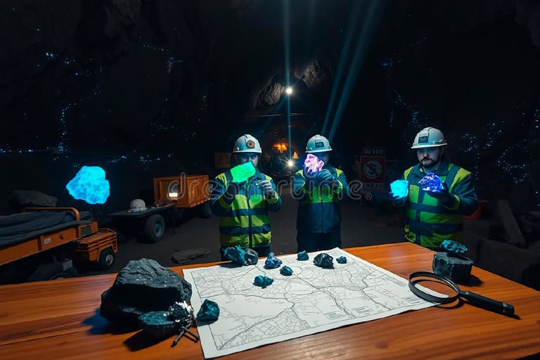 Dramatic Underground Mining Scene: Workers Extracting Glowing Rare ...