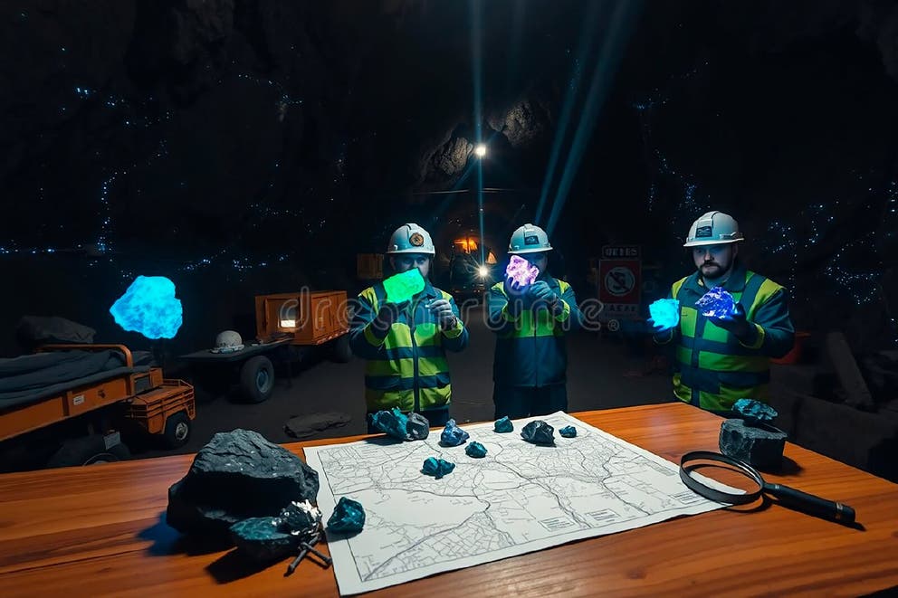 Dramatic Underground Mining Scene: Workers Extracting Glowing Rare ...