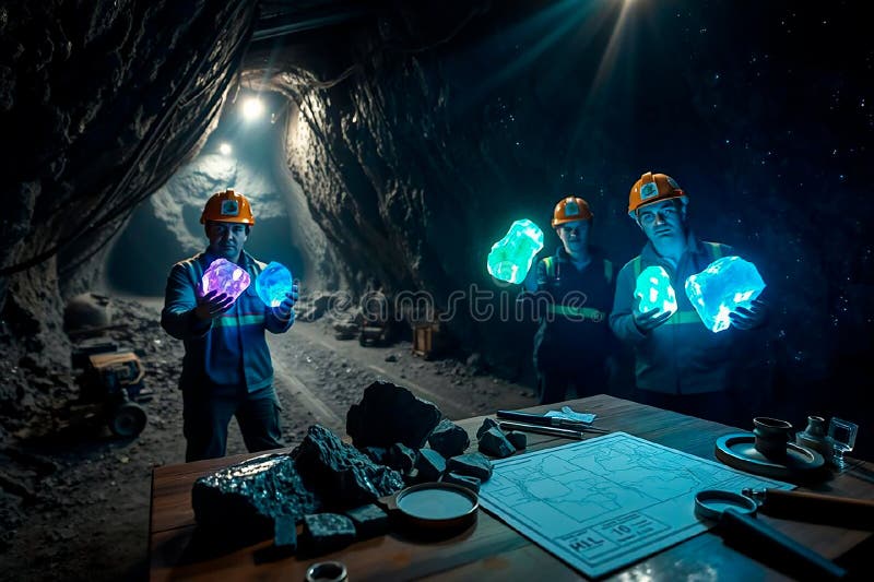 Dramatic Underground Mining Scene with Workers Holding Glowing Rare ...