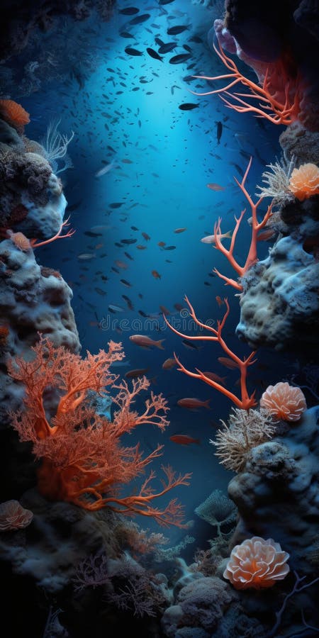 Dramatic Underwater Scene: Coral, Fish, Shadows, and Azure Stock ...