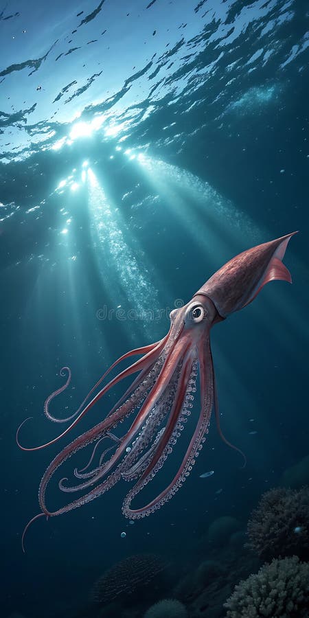 Dramatic Underwater Scene Featuring a Colossal Giant Squid at Mid Range ...