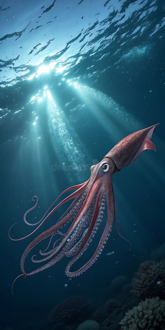 Dramatic Underwater Scene Featuring a Colossal Giant Squid at Mid Range ...