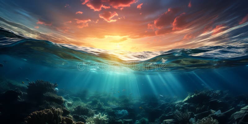 Dramatic Underwater Seascape with Sunbeams Piercing through the Ocean ...