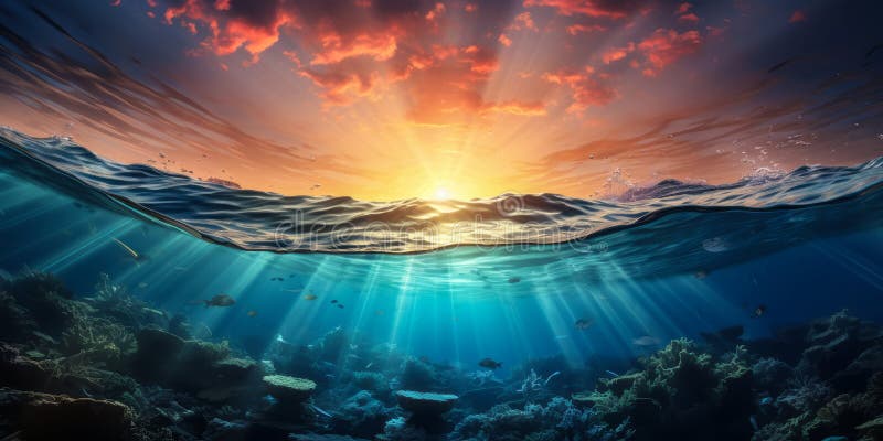 Dramatic Underwater Seascape with Sunbeams Piercing through the Ocean ...