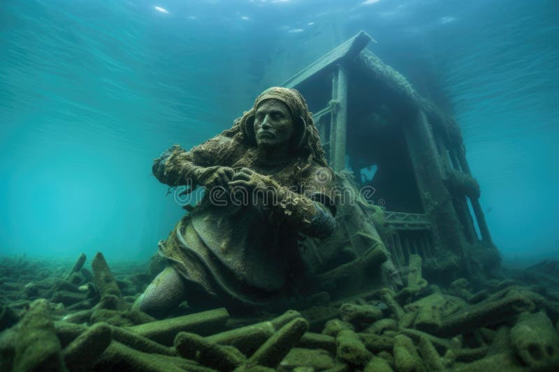 Dramatic Underwater Shot of Fallen Statue among Debris Stock ...