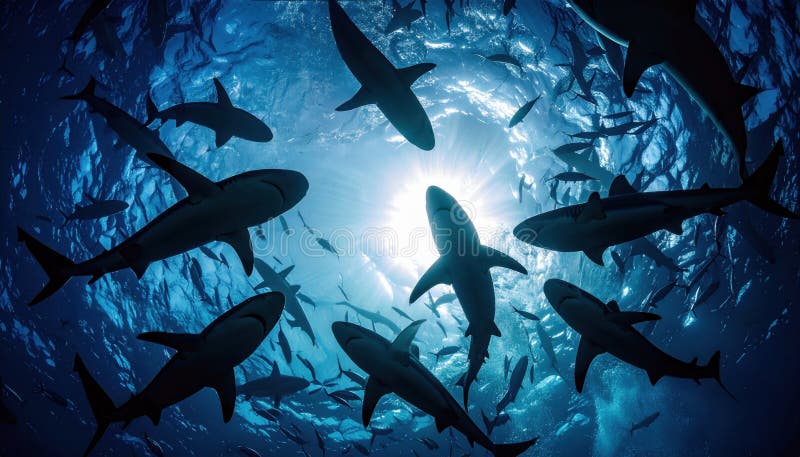 A Dramatic Underwater View of Numerous Sharks Swimming in the Ocean ...