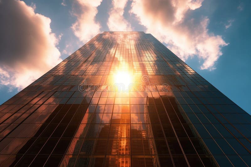 Dramatic Upward Angle of a Glass Skyscraper Reflecting Sunlight Stock ...