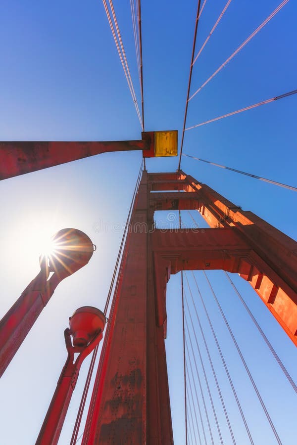 Dramatic Upward Perspective of the Golden Gate Bridge Against a Clear ...