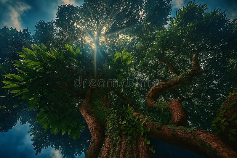 Majestic Tree from Below with Sunlight Shining through Leaves Stock ...