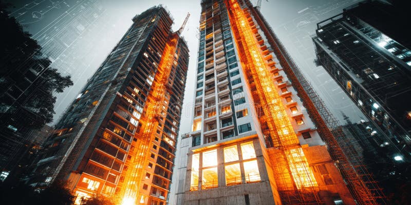 Dramatic Urban Construction Scene with Modern Skyscrapers Under Bright ...