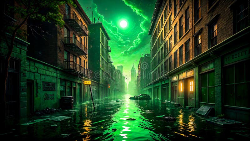 Dramatic Urban Flood Scene with Lightning Stock Illustration ...