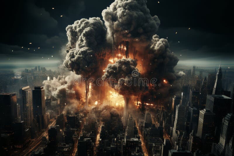 Dramatic Urban Night Scene with Nuclear Explosion, Mushroom Cloud, and ...