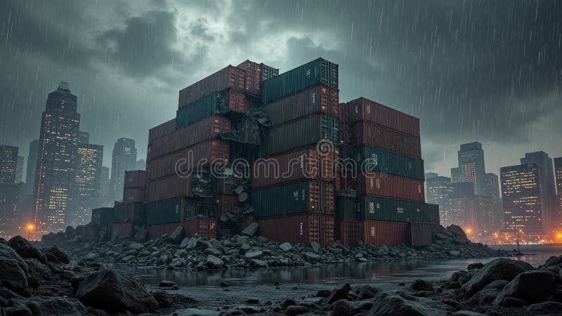 Dramatic Urban Scene with Stacked Shipping Containers and City Skyline ...