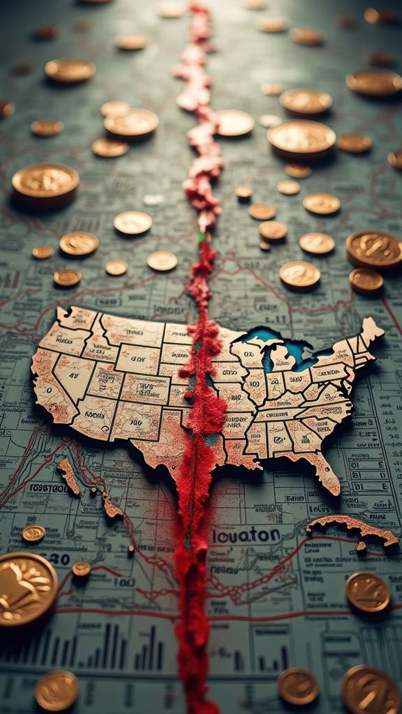 Dramatic Usa Map with Red Line and Coins Symbolizing Economic Division ...