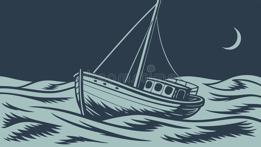 Old Boat on Rough Seas Under Crescent Moon, Nautical Journey. Vector ...