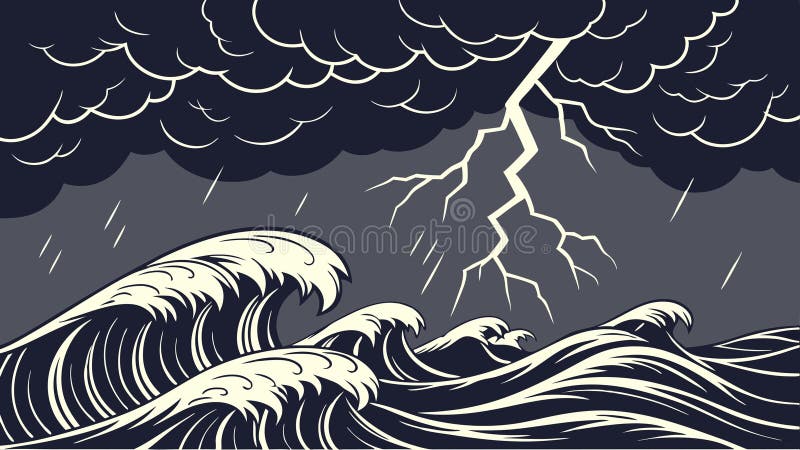 Lightning Storm Over Ocean, Powerful Nature and Weather Vector Design ...