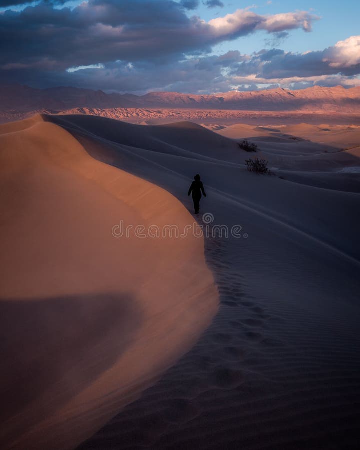 Dramatic Vertical View of a Person Walking Alone in the Desert at ...