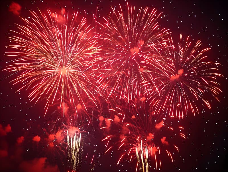 Dramatic Vibrant Red Fireworks Exploding in a Starry Night Sky Inspired ...