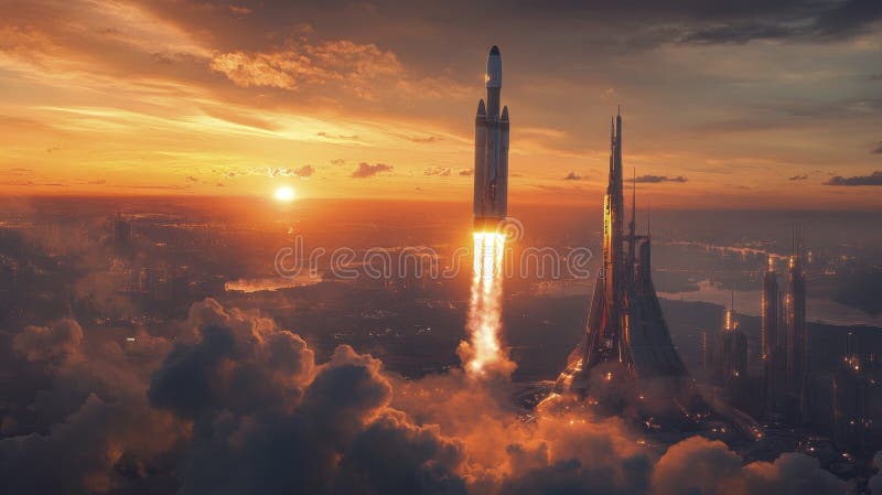 Dramatic View of an Advanced Interstellar Rocket Blasting Off from ...