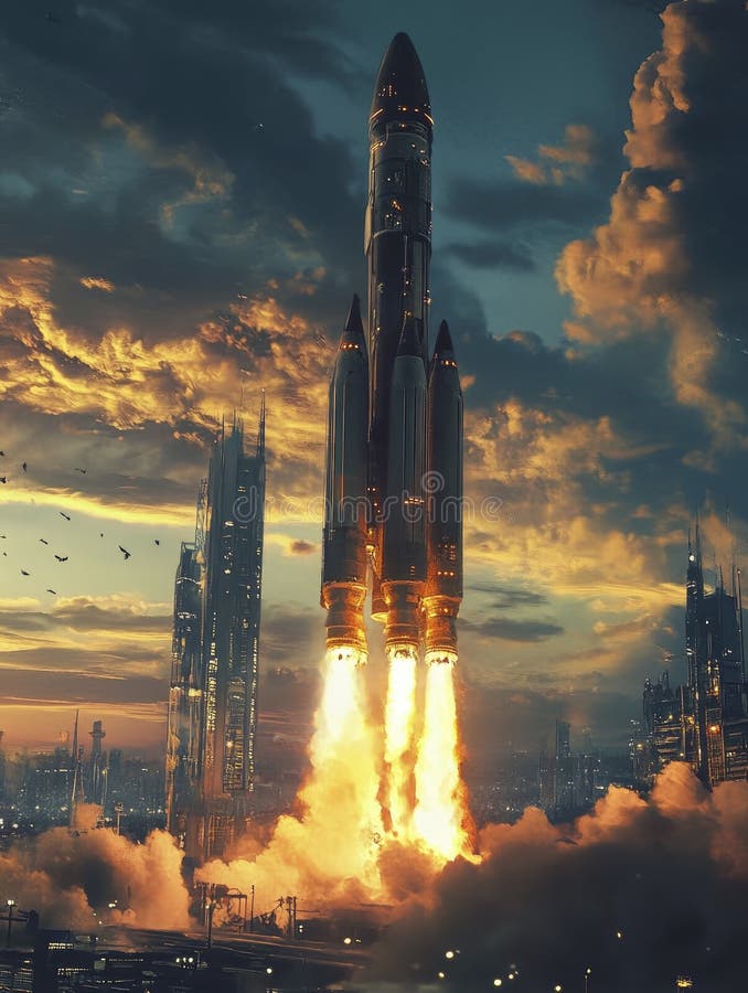 Dramatic View of an Advanced Interstellar Rocket Blasting Off from ...