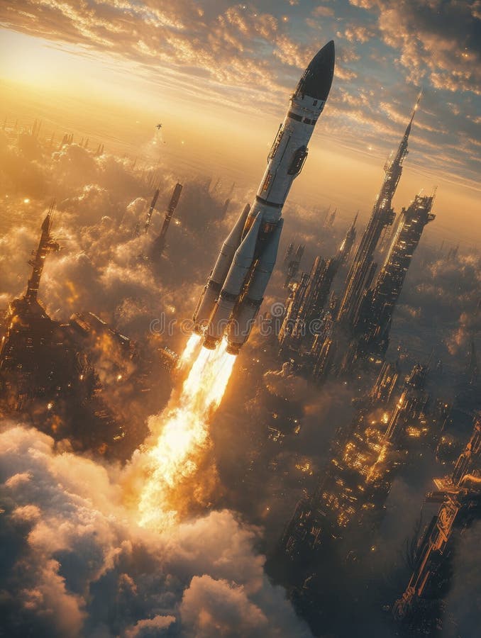 Dramatic View of an Advanced Interstellar Rocket Blasting Off from Earth? Spaceport at Sunrise ...