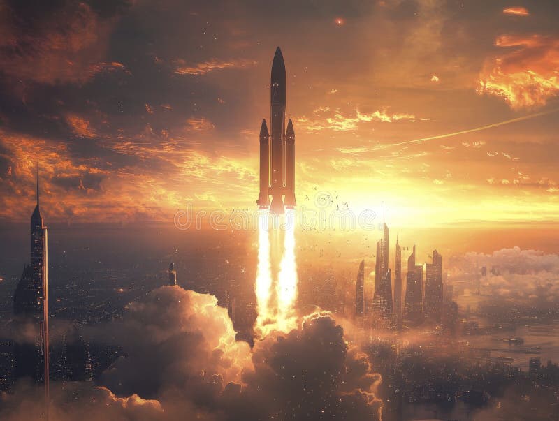 Dramatic View of an Advanced Interstellar Rocket Blasting Off from ...