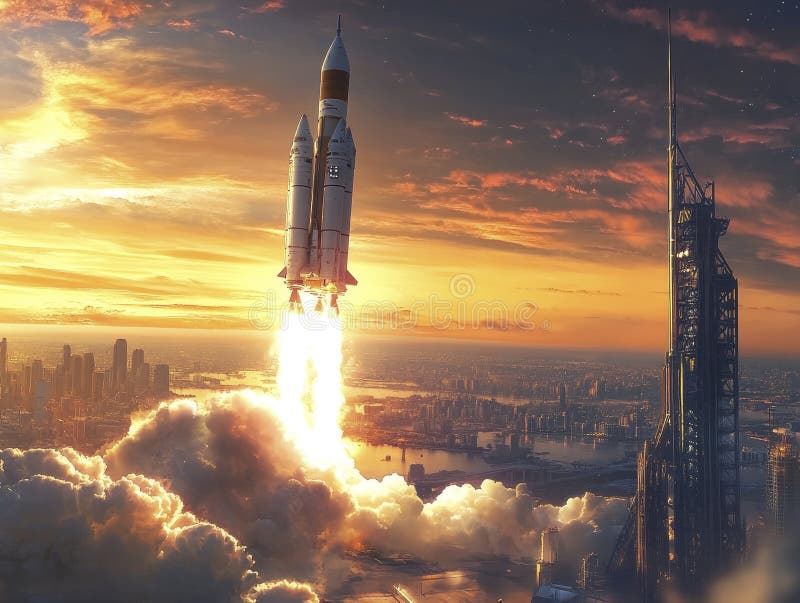 Dramatic View of an Advanced Interstellar Rocket Blasting Off from ...