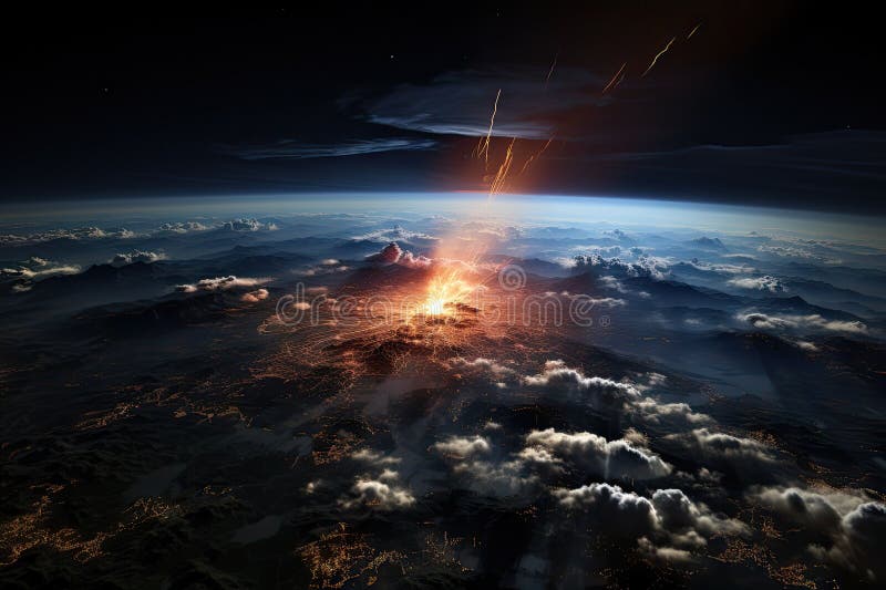 A Dramatic View of a Asteroid Exploding Over the Earth Stock ...
