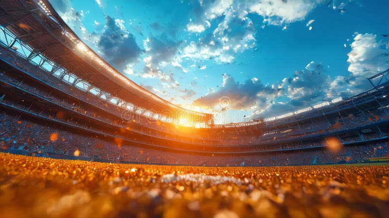 A Dramatic View of a Baseball Stadium at Sunset with a Baseball Soaring ...