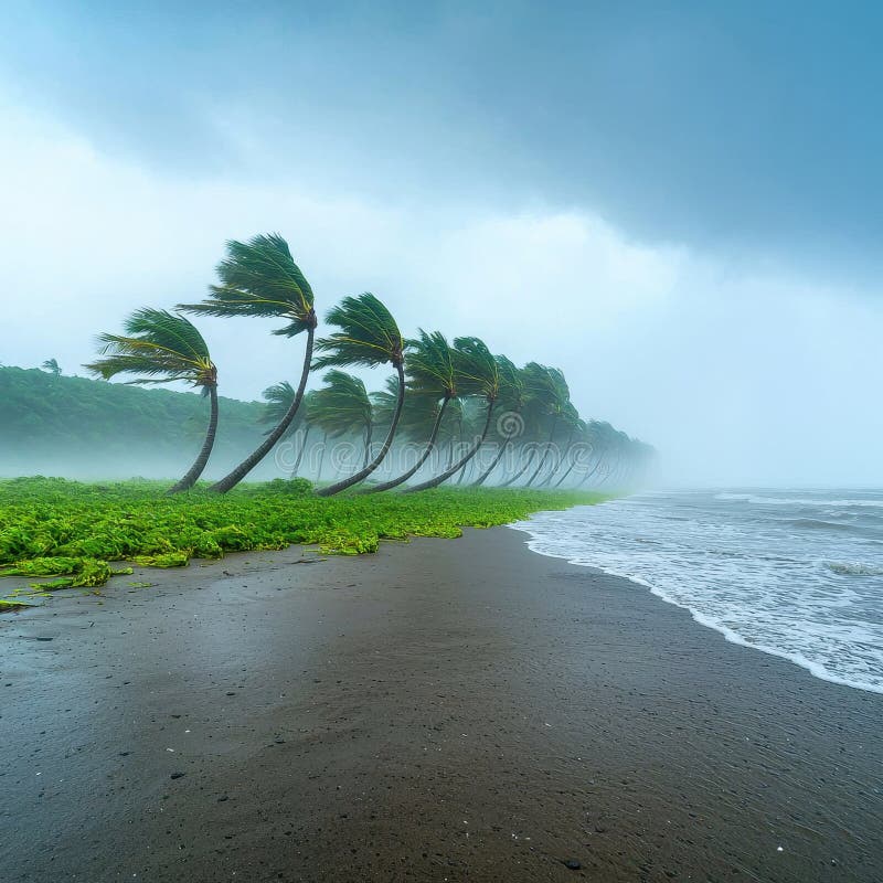 Dramatic View of Beach with Palm Trees Bending in Strong Winds during a ...
