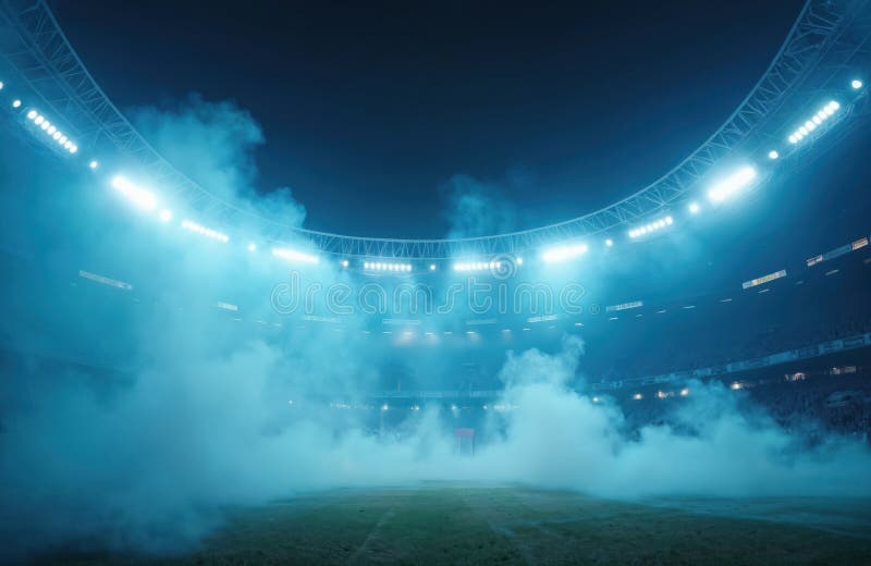 Dramatic View of Bright Stadium Lights with Smoke at Night. Intense ...