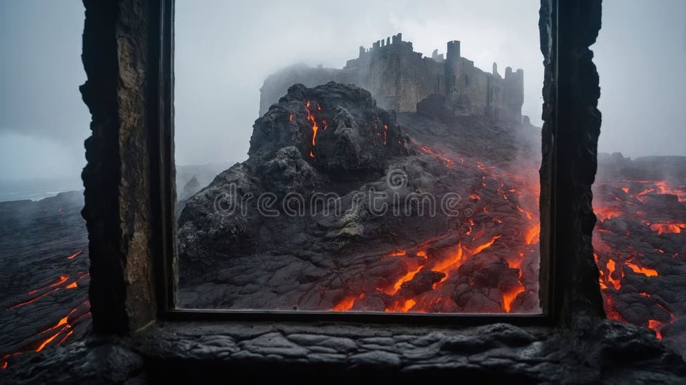 Volcanic Castle View through a Lava Window: Fiery Eruption Stock ...