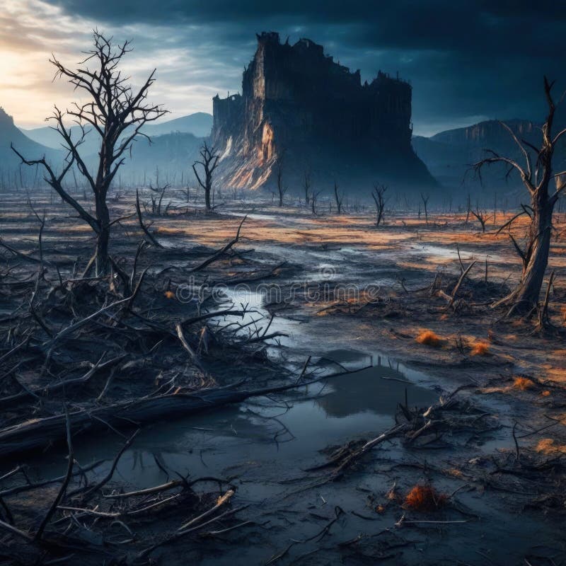 Dramatic View of the City Destroyed by Fire and Rain. Burnt Trees and ...