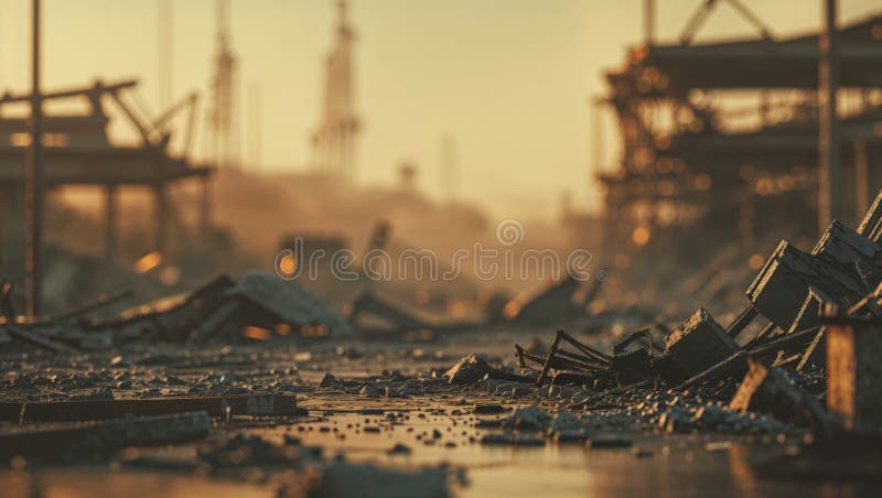 A Dramatic View of a Destroyed City at Sunset, Depicting Aftermath and ...