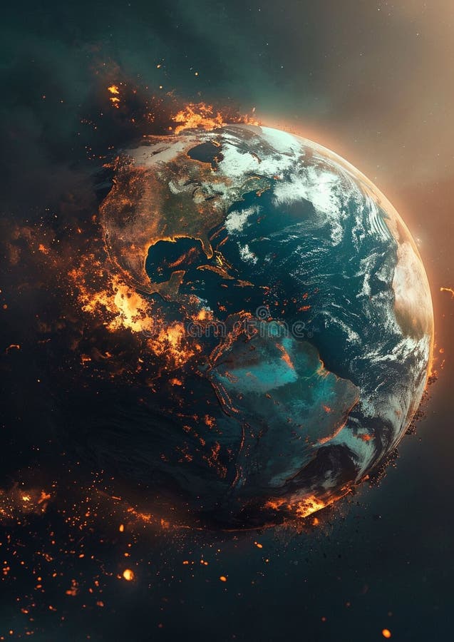 A Dramatic View of Earth Engulfed in Flames and Destruction. Stock ...