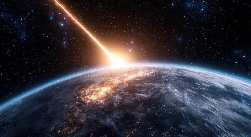 Dramatic View of the Earth from Space with a Bright Meteor Streaking ...