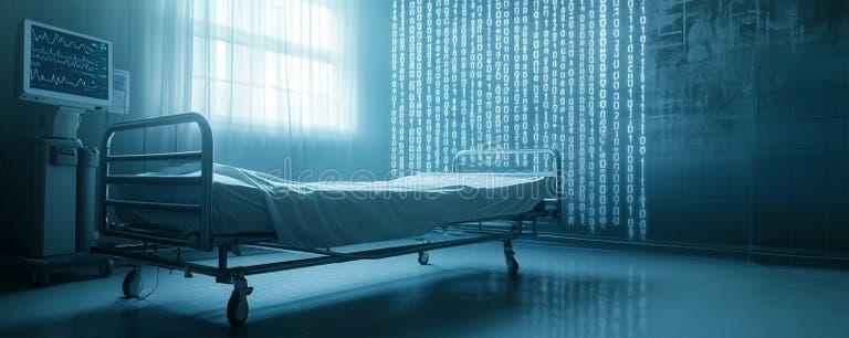 Dramatic View of an Empty Hospital Bedframe in a High-tech Medical Room ...