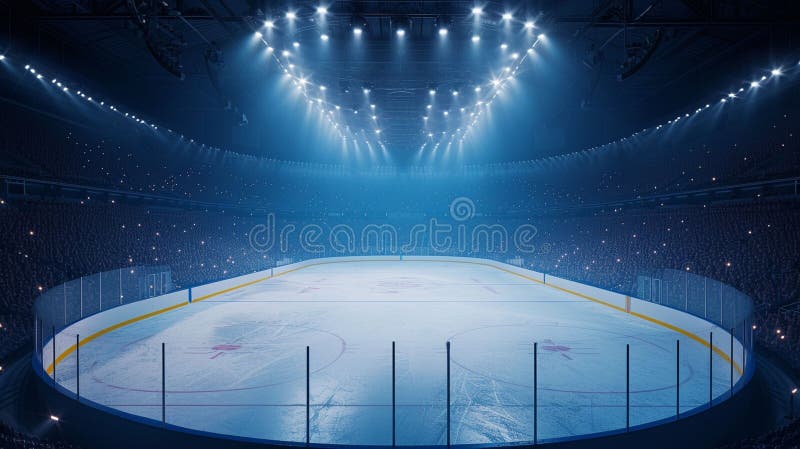 A Dramatic View of an Empty Indoor Ice Hockey Rink Under Bright Lights ...