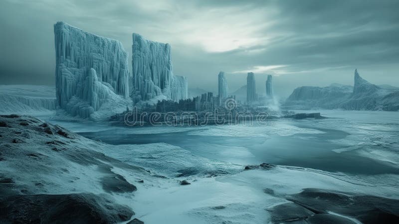 Frozen Cityscape with Towering Ice Structures Stock Image - Image of ...