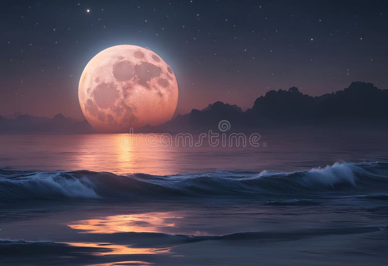 Dramatic View of a Glowing Moon Over a Calm Ocean Stock Illustration ...